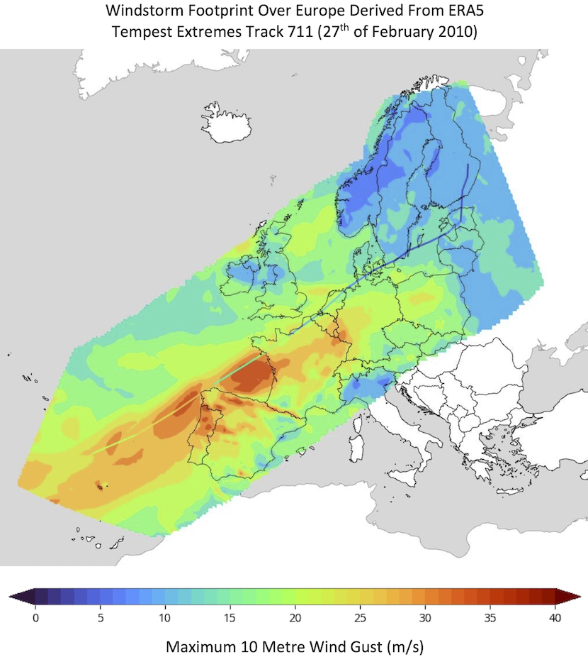 Windstorm tracks and footprints derived from reanalysis over Europe between 1940 to present