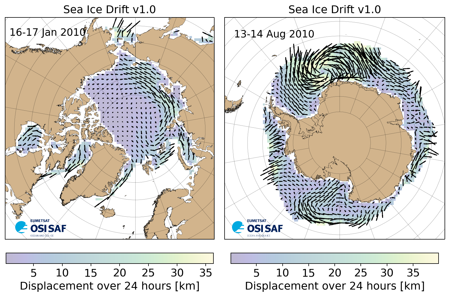 Sea ice drift daily gridded data derived from satellite observations